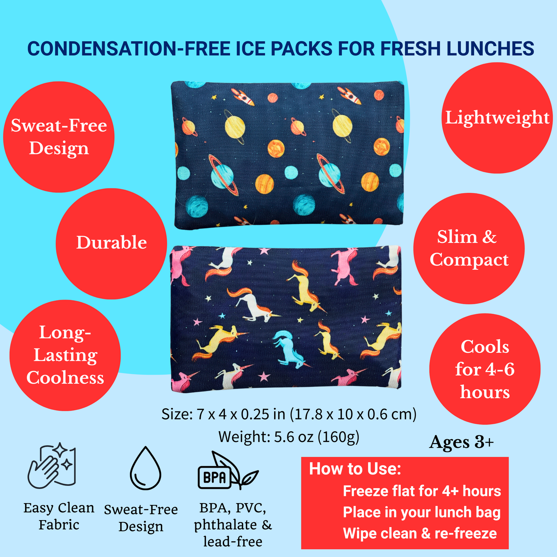 No-Sweat Ice Packs for Packed Lunches Reusable Gel, Fabric Sleeves, 2 ...